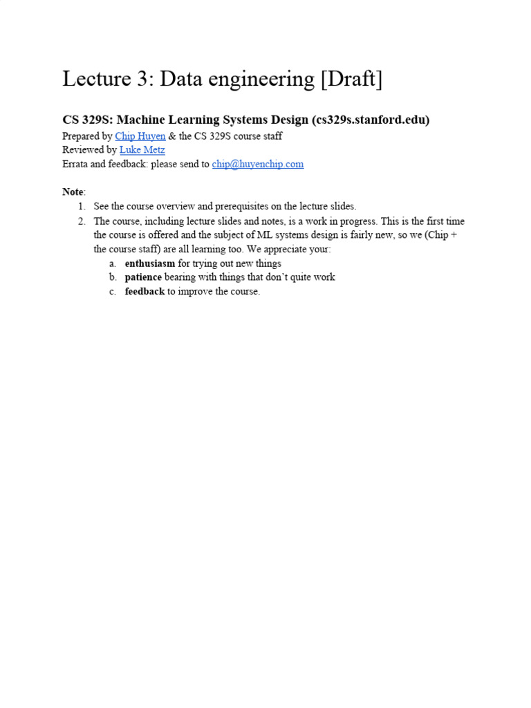 Cs329s 03 Note Data Engineering | PDF | Acid | Database Transaction