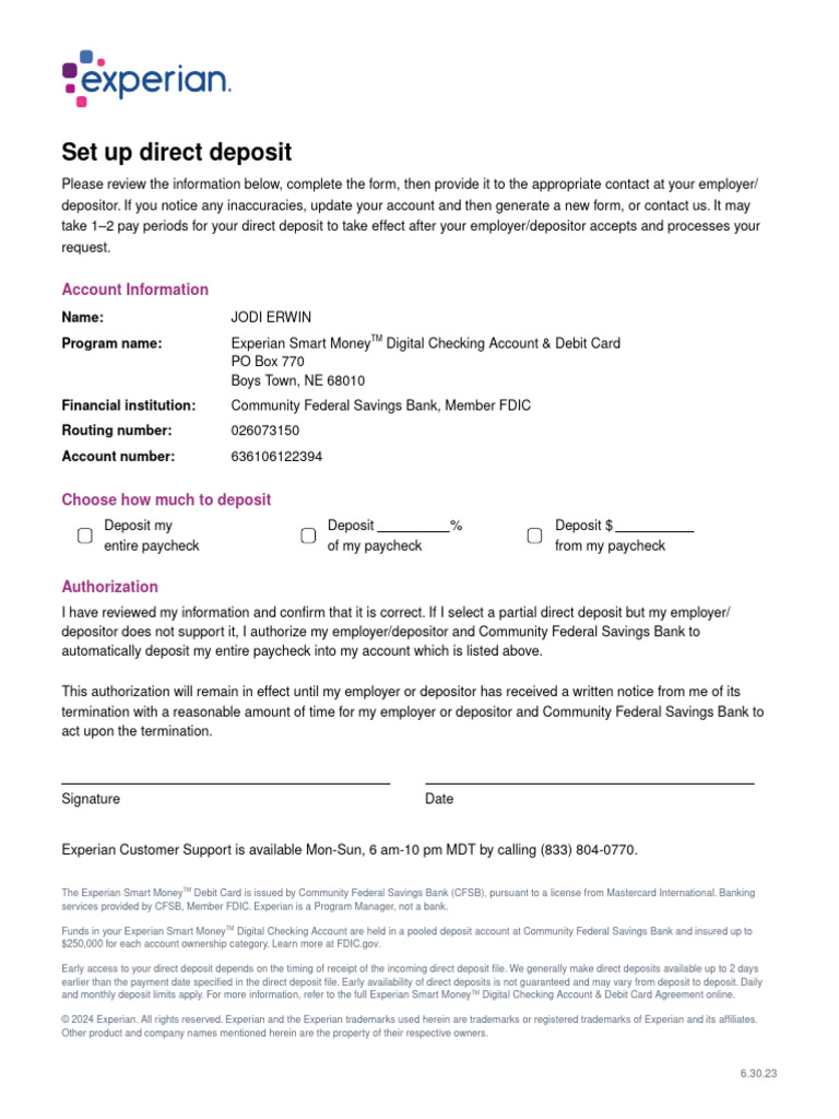 Direct Deposit Form | PDF | Deposit Account | Banks