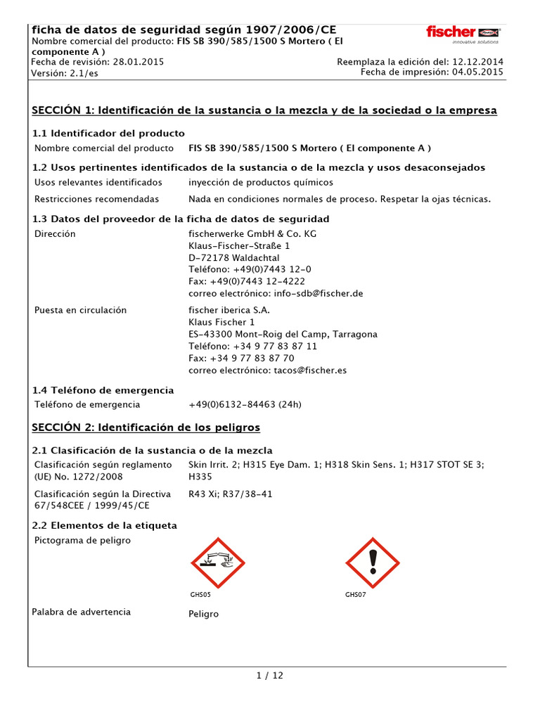 Fis SB 390 S Mortero Hibrido Hoja Seguridad-42800120 | PDF | Agua ...