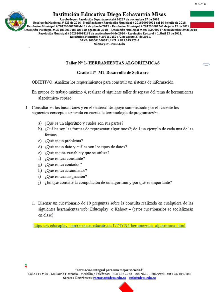 Taller 1 Herramientas Algoritmicas | PDF | Algoritmos | Ingeniería de ...
