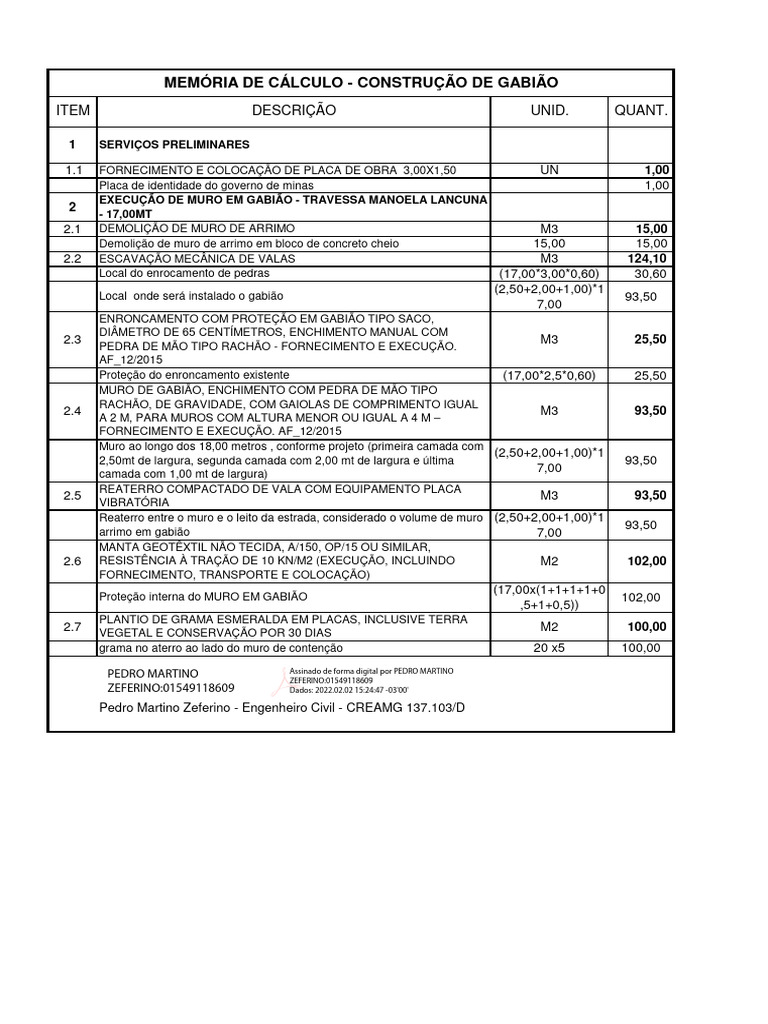 Memria de Clculo - GABIO TRAVESSA MANOEL LANCUNA | PDF | Ciências Físicas