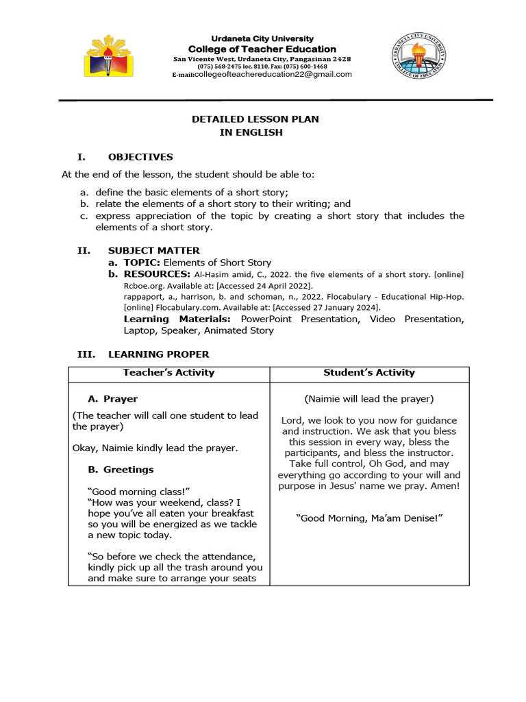 Detailed Lesson Plan - ELEMENTS OF A SHORT STORY | PDF | Plot (Narrative) | Narration