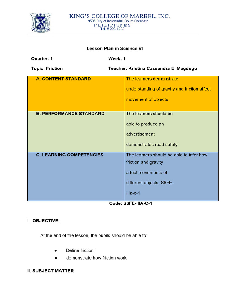 Lesson Plan in Science Detailed | PDF | Friction | Force
