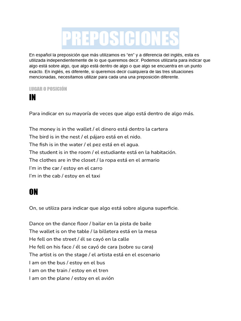 Preposiciones de Lugar en Inglés | PDF