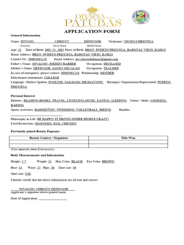 Beauty Pageant Application | PDF