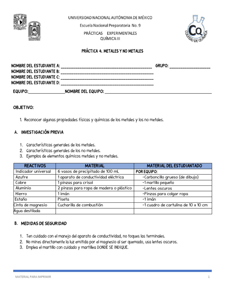 AE2 Pract4 Metales NoMetales | PDF | Rieles | Imán