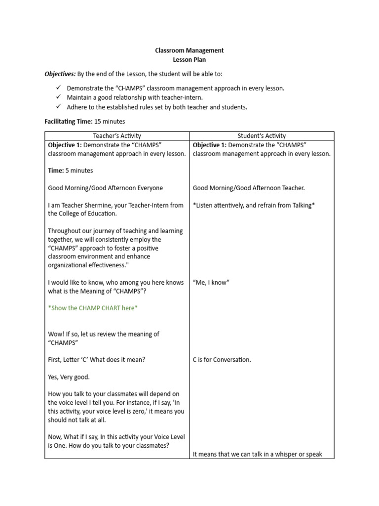 CHAMPS Classroom Management Plan | PDF | Classroom Management | Classroom