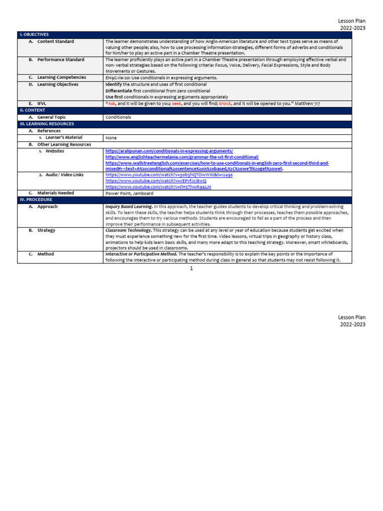Lesson Plan First Conditional | PDF