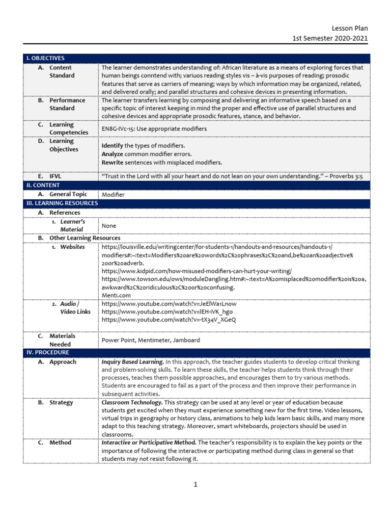 Lesson Plan Misplaced Modifier | PDF | Learning | Adverb