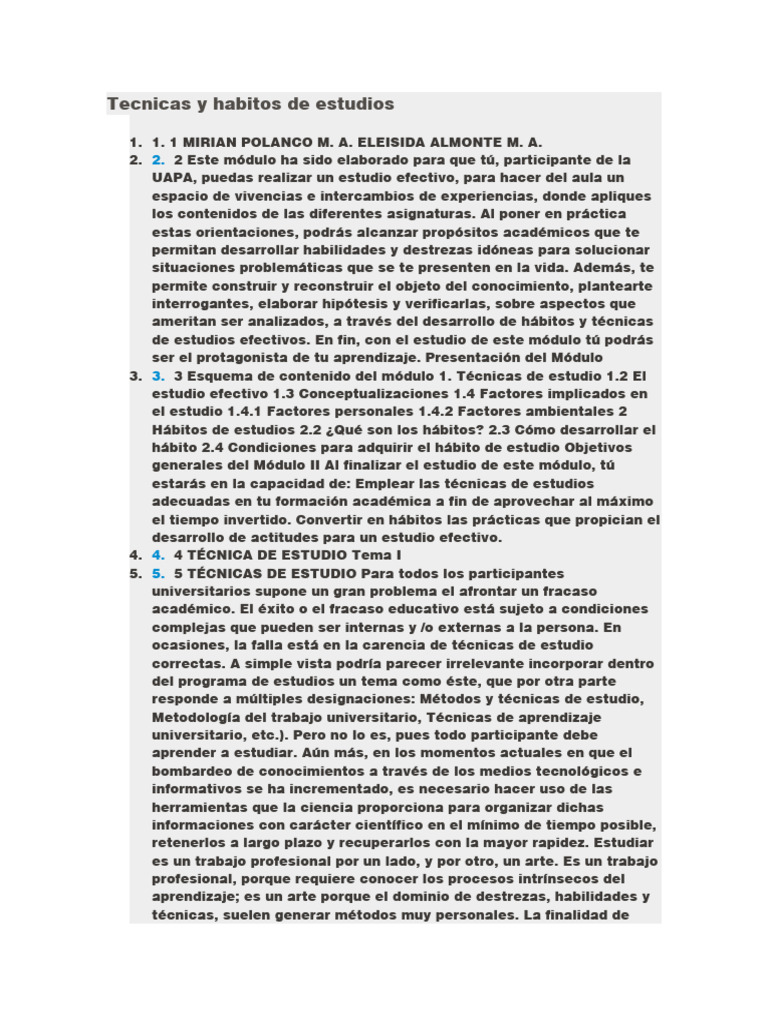 Tecnicas y Habitos de Estudio UAPA | PDF | Aprendizaje | Memoria
