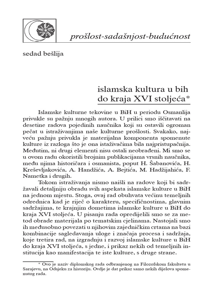 Sedad Beslija Islamska Kultura U BiH Do | PDF