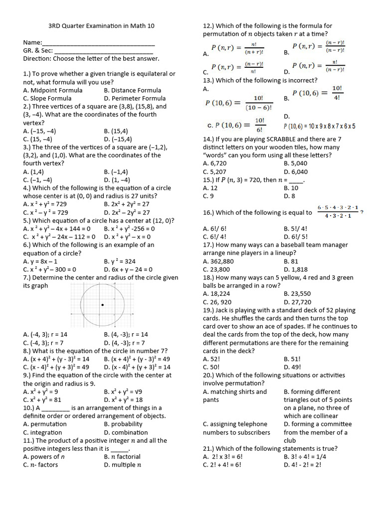 3RD Quarter Examination in Math 10 | PDF | Permutation | Set (Mathematics)