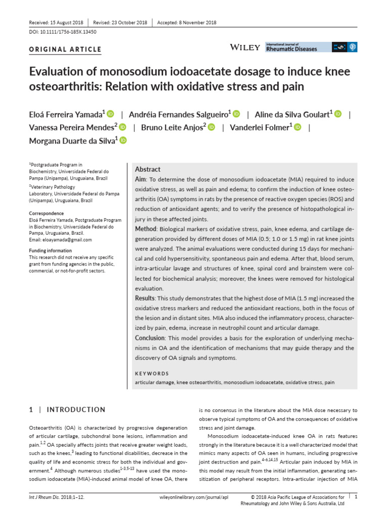 Evaluation of Monosodium Iodoacetate Dosage To Induce Knee ...
