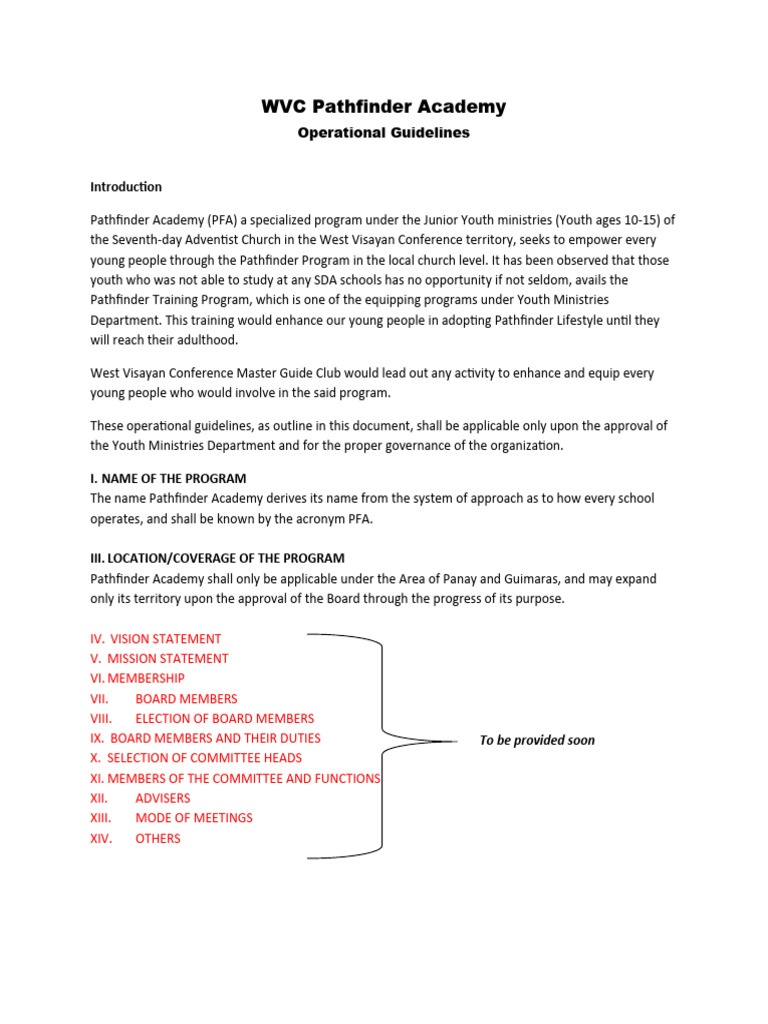 WVC Pathfinder Academy Operational Guidelines | PDF