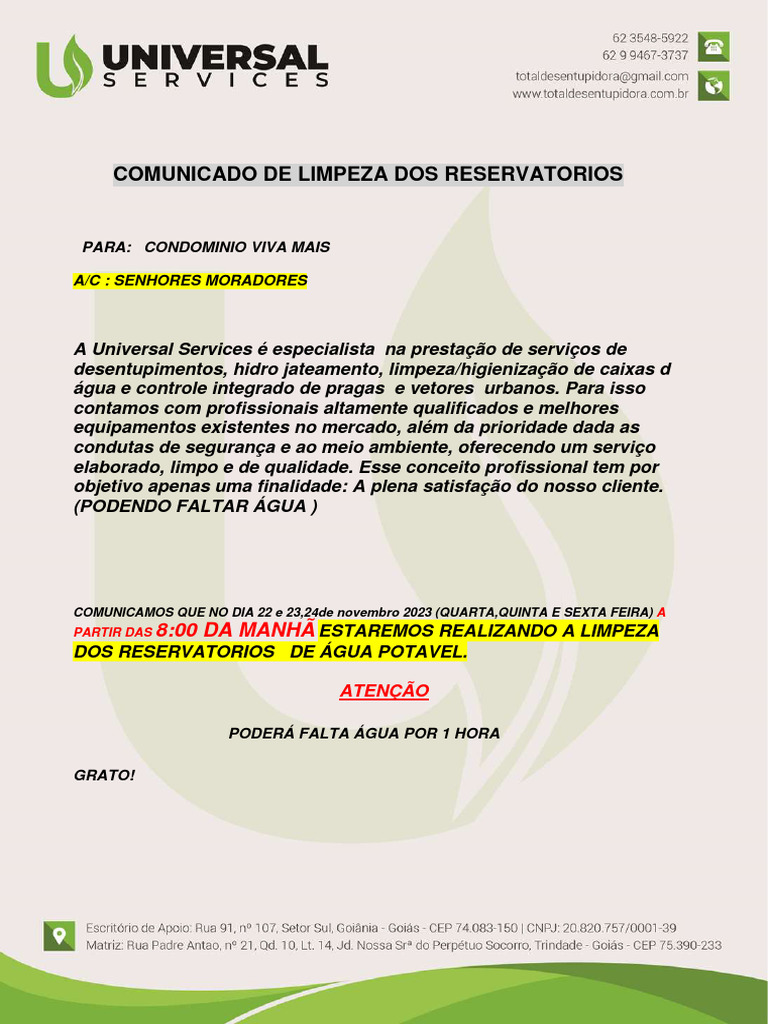 Comunicado Limpeza Reservatorios Viva | PDF