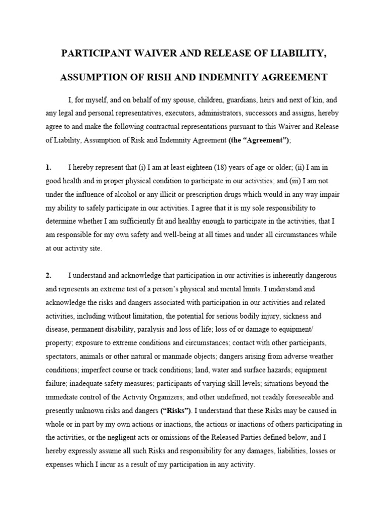 Sample Participant Waiver of Liability Form | PDF | Indemnity | Civil ...