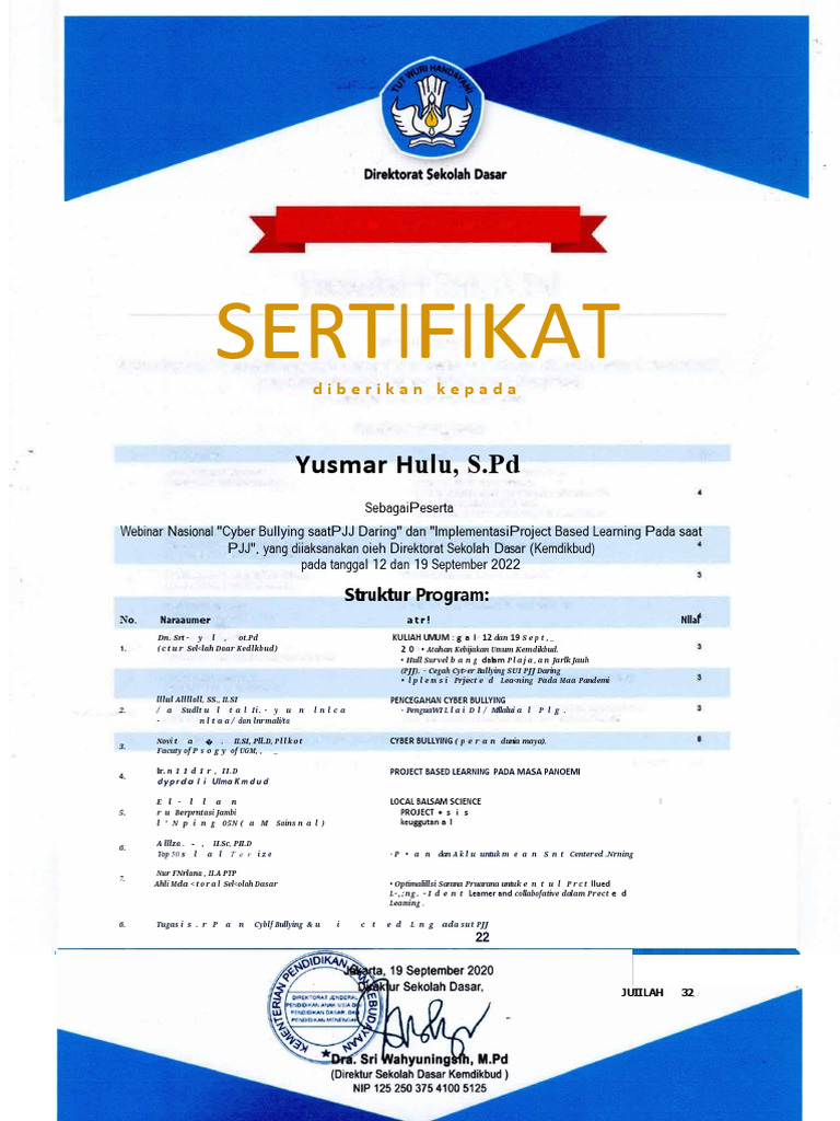 4.SERTIFIKAT "Cyber Bullying Saat PJJ Daring" Dan "Implementasi Project Based Learning Pada Saat ...