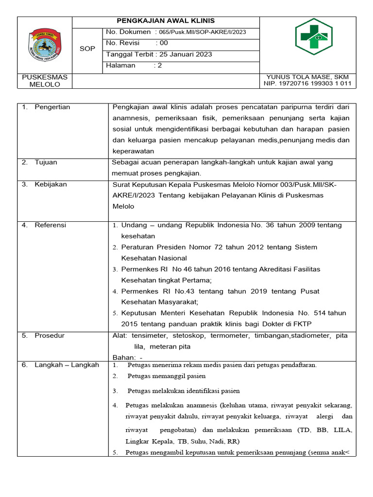 Fix SOP PENGKAJIAN AWAL KLINIS | PDF | Sains & Matematika