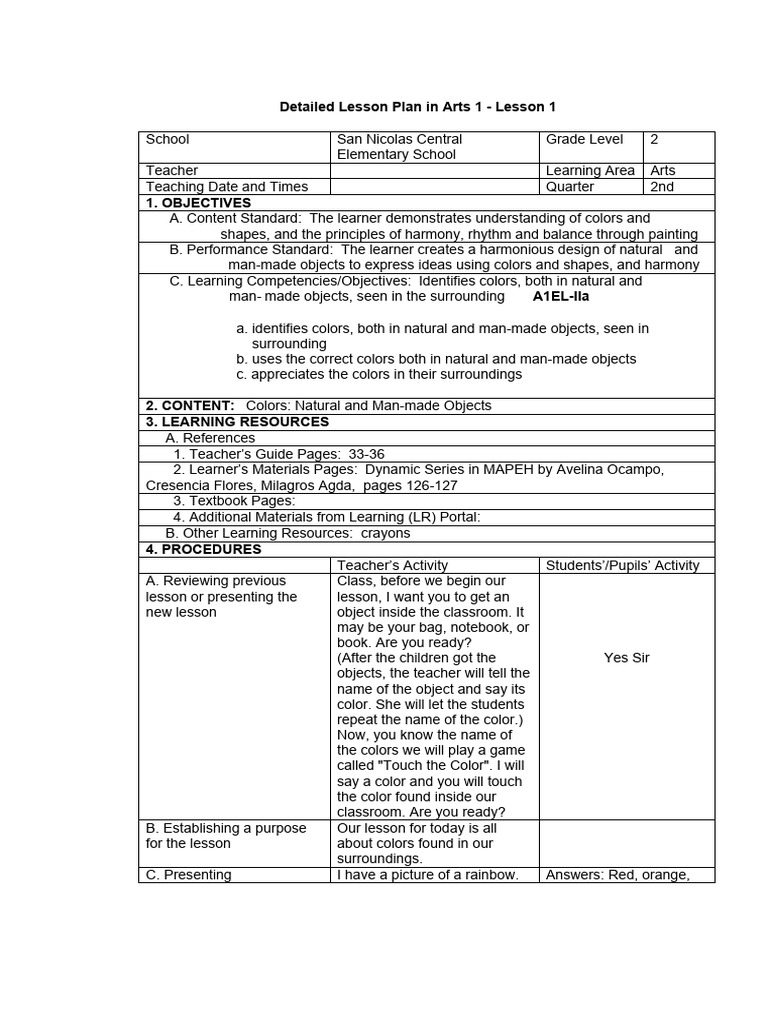 ARTS Grade 1 - Lesson 1 | Download Free PDF | Learning | Teachers