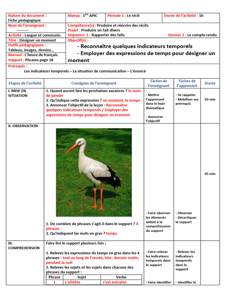 Fiches L'Heure de FR 1asc Langue Reconnaître Quelques Indicateurs ...