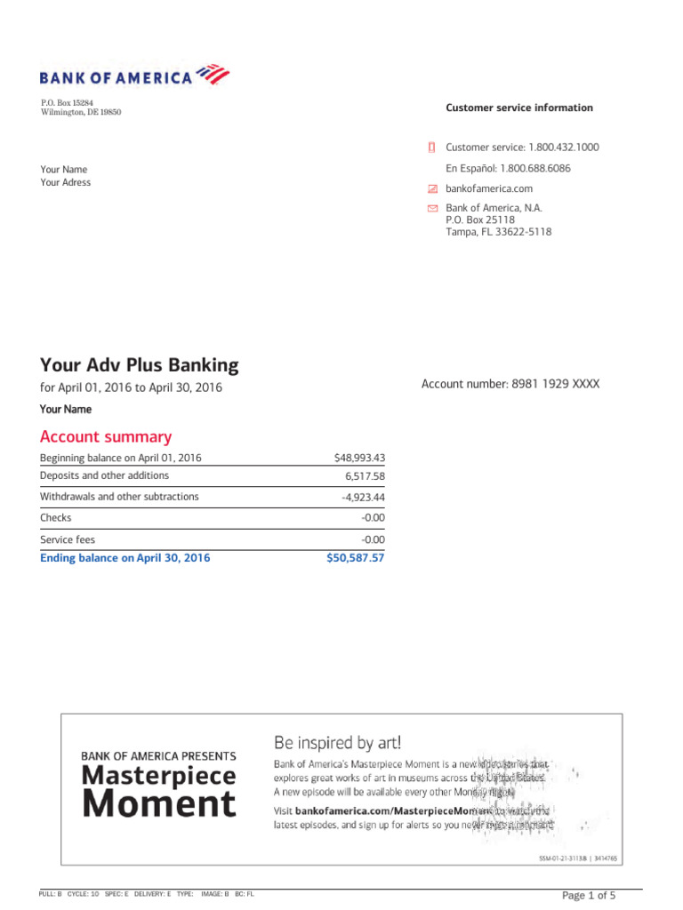 Sample Statement BOA 04 2016 | PDF | Overdraft | Deposit Account