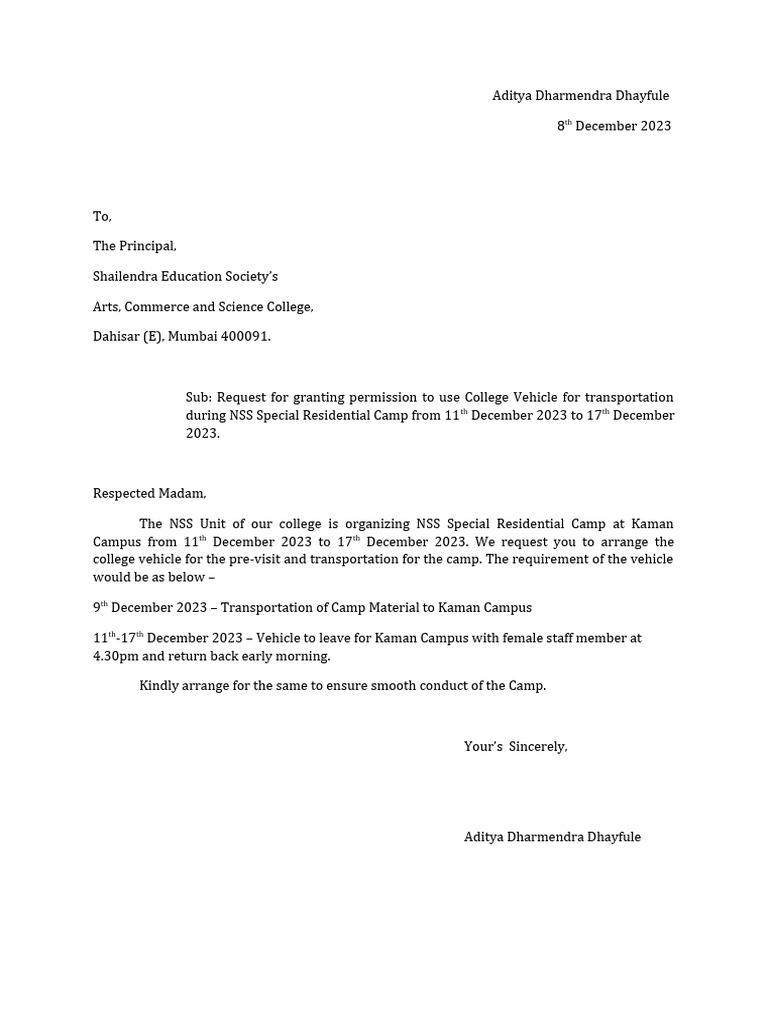 Camp Vehicle Letter | PDF