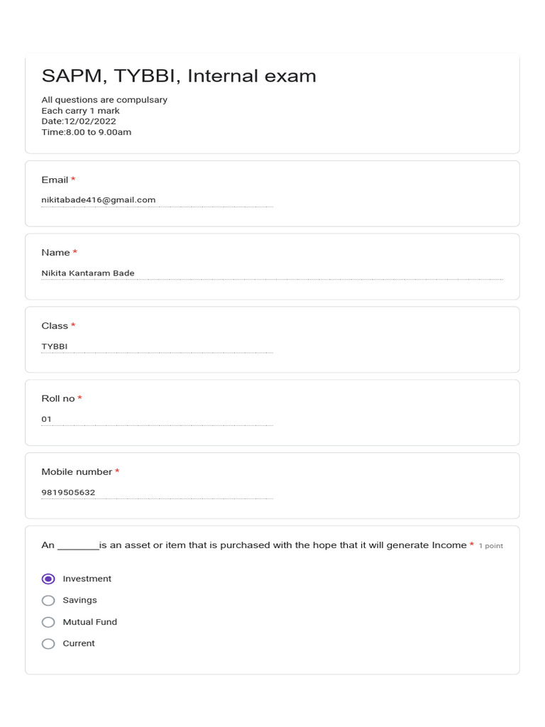 SAPM TYBBI Internal Exam - Google Forms | PDF | Investing | Money