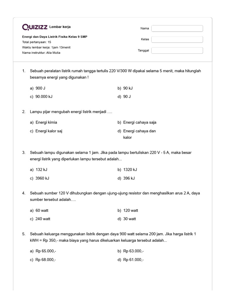 Energi Dan Daya Listrik Fisika Kelas 9 SMP - Quizizz | PDF | Sains & Matematika