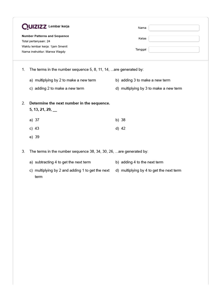 Quizizz - Number Patterns and Sequence | Download Free PDF ...