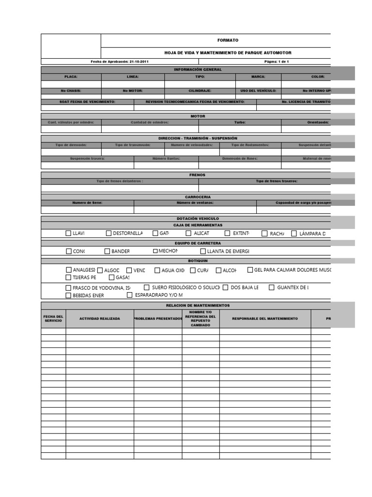 Formato Hoja de Vida Automotor Pesv | PDF | Coche | Tecnología de vehículos