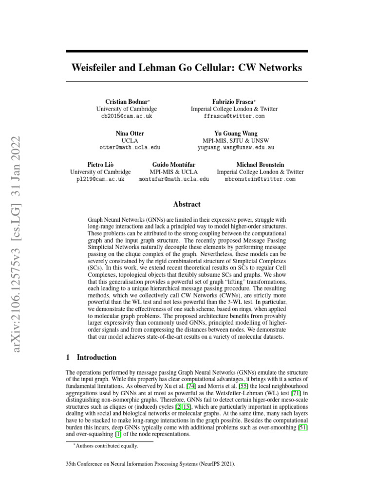 Weisfeiler and Lehman Go Cellular: CW Networks | PDF | Geometry ...
