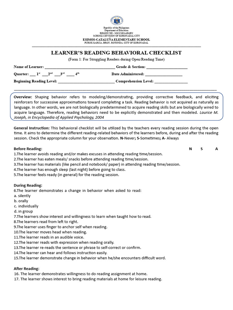 Learner's Reading Behavior Checklist | PDF | Learning | Human Communication