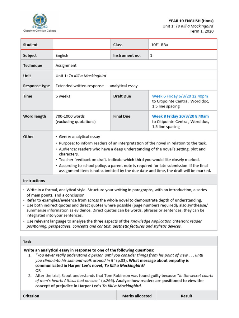 How To Kill A Mocking Bird A+ Sample Analytical Essay | PDF | To Kill A ...