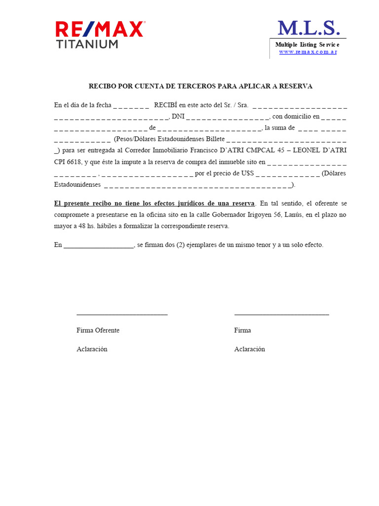 RECIBO ENTREGA DE DINERO Ad Referendum RESERVA | PDF | Derecho