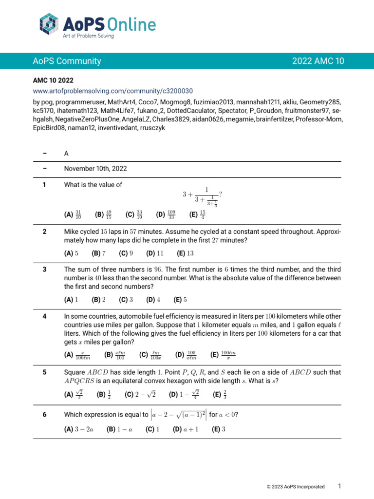 Aops Community 2022 Amc 10 | PDF | Quantity | Physical Quantities