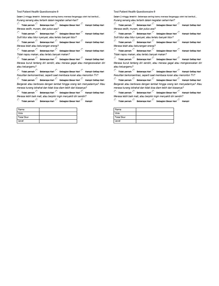Kuesioner PHQ-9 untuk Skrining Kesehatan | PDF