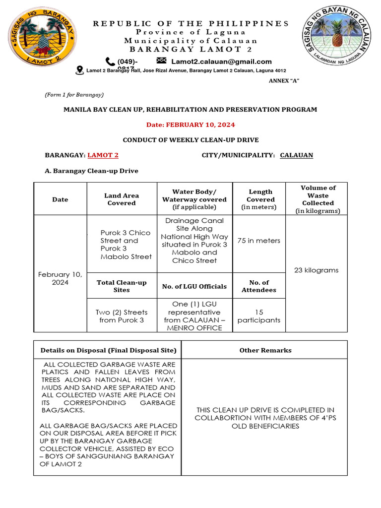 Calauan - Barangay Lamot 2 - Weekly - Clean-Up-Report - 2-10-2024 | PDF ...