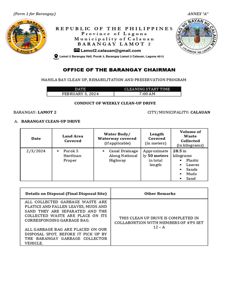 Lamot 2 Barangay Clean-Up Drive Report | PDF | Waste Management ...