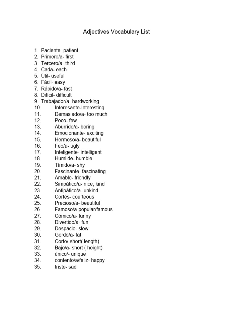 Adjectives Vocab List - Grade 9 | PDF