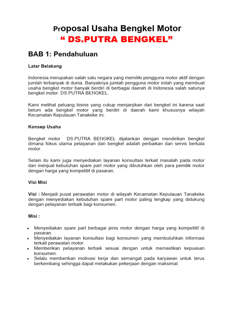 Proposal Usaha Bengkel Motor DS.PUTRA | PDF | Komputer