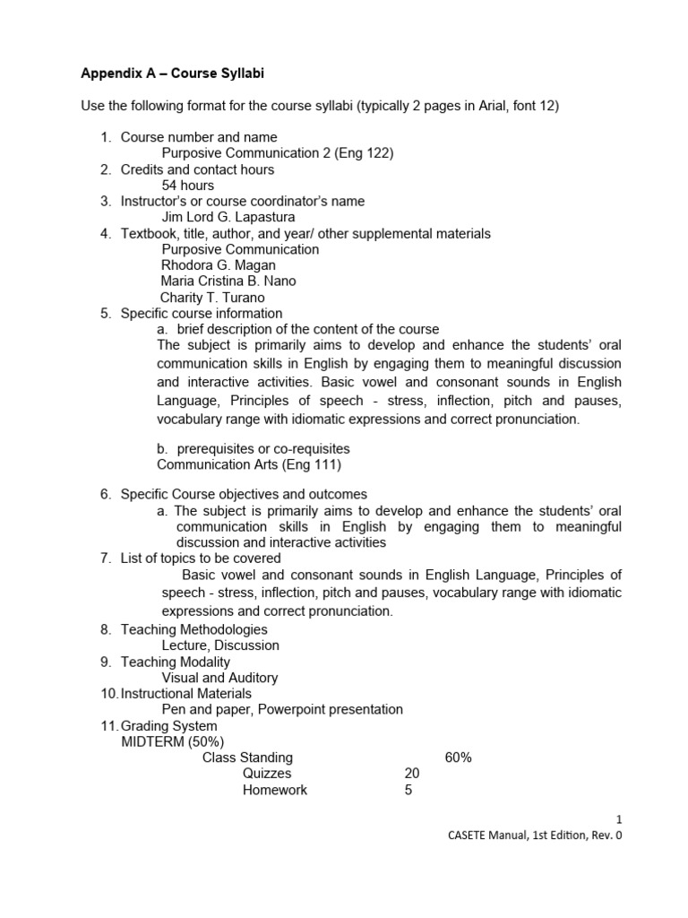 Syllabus Engl 122 Purposive Communication | PDF | English Language ...