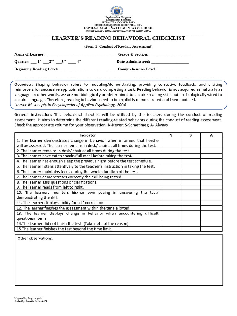 Reading Assessment Behavioral Checklist - Form 2 | PDF | Learning ...