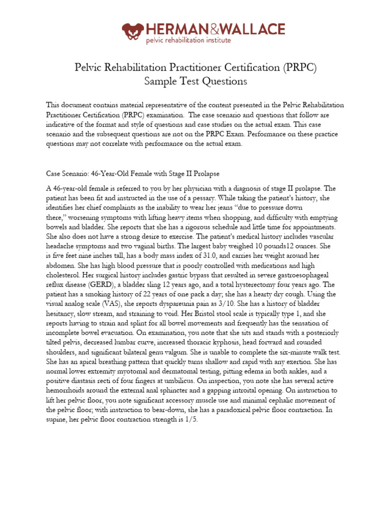 PRPC Sample Questions | PDF | Urinary Incontinence | Clinical Medicine