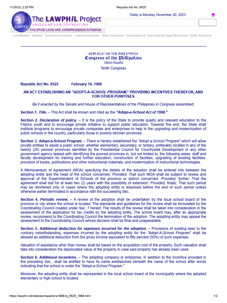 Republic Act No. 8525 Adopt A School Program | PDF | Tax Deduction | Expense