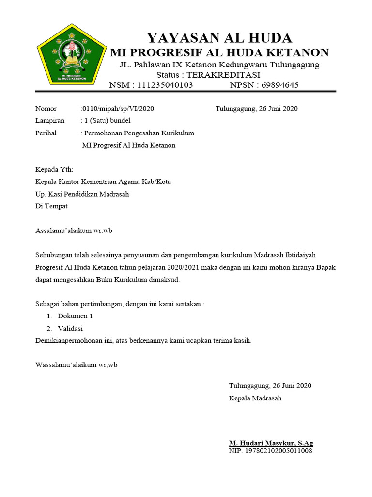 Contoh Surat Permohonan Pengesahan Kurikulum | PDF