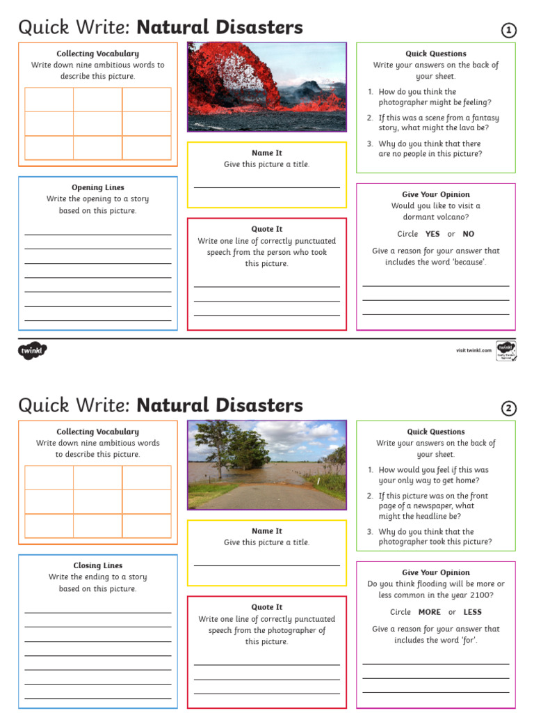 T e 1642502086 Natural Disasters Quick Write Activity Mat Pack Ages 7 9 ...