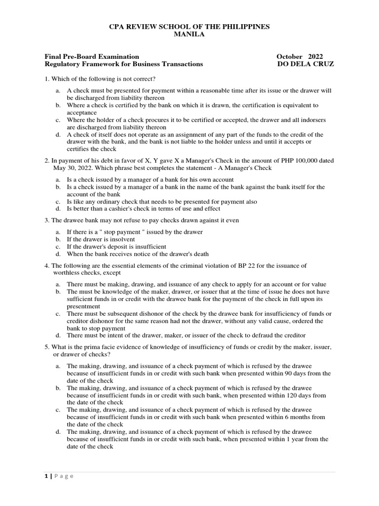 CPAR RFBT Pre-Board Exam Review | PDF | Cheque | Securities (Finance)