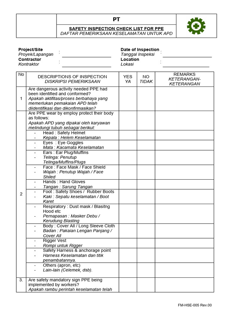 Safety Inspection Checklist For PPE | PDF