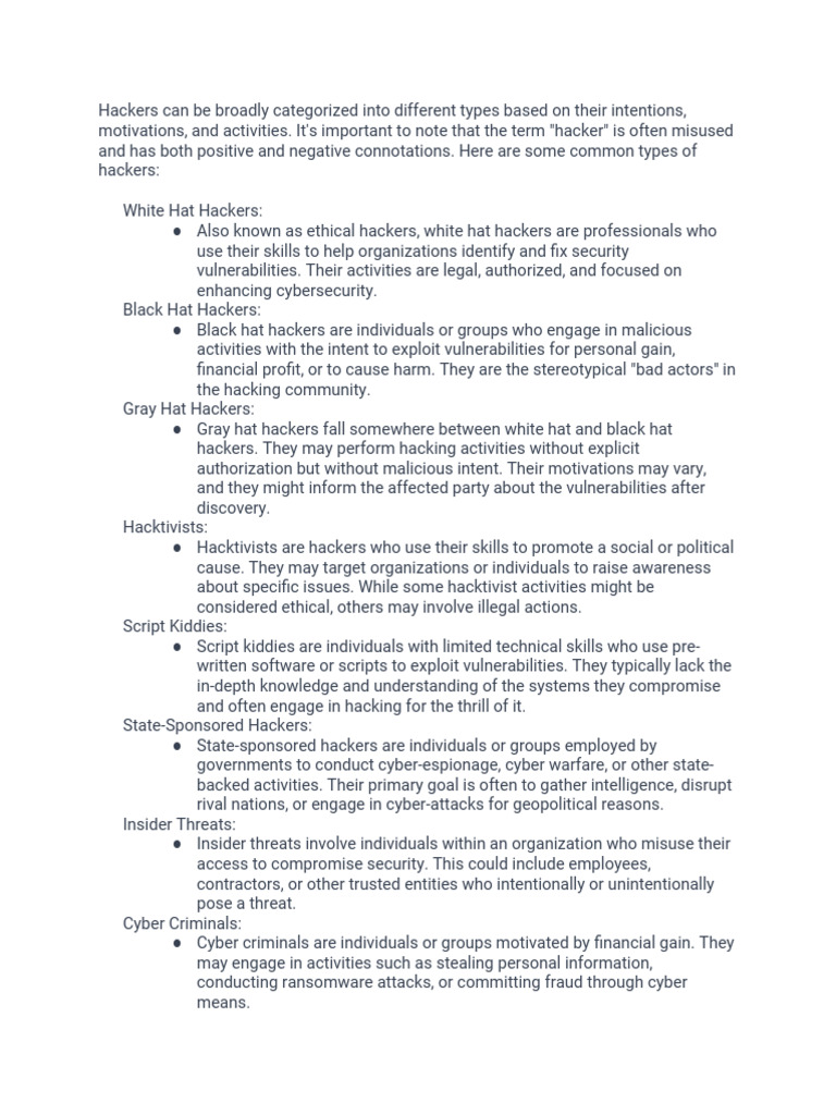 Types of Hackers and Their Roles | PDF | Security Hacker | Social ...