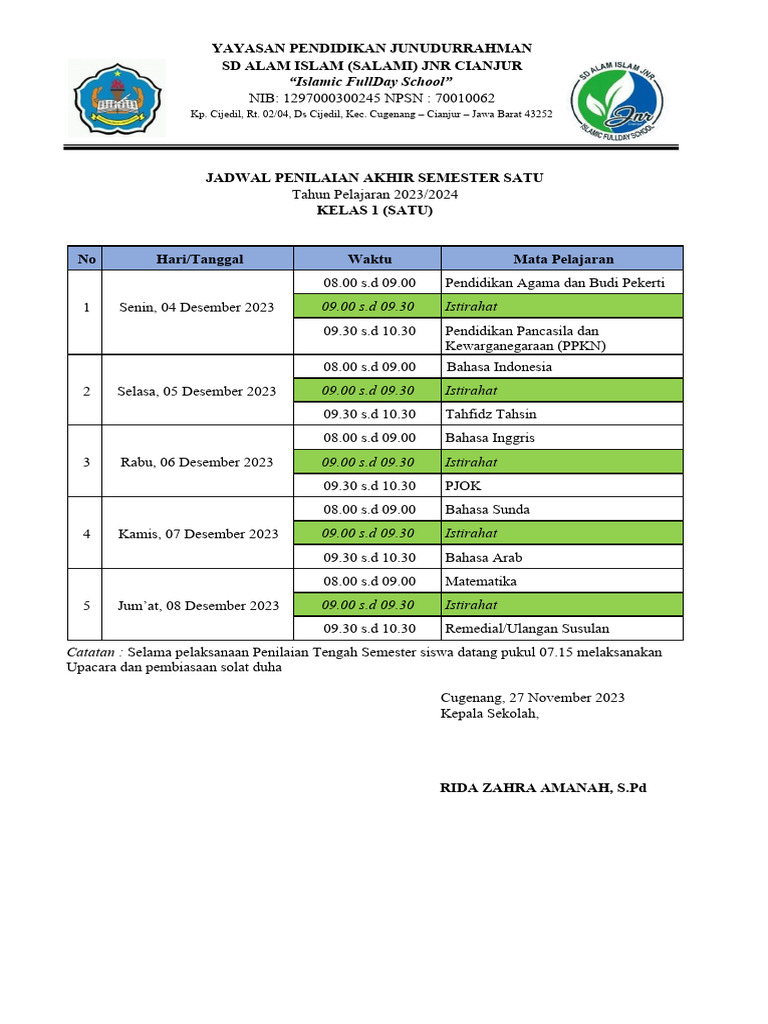 Jadwal Pas 1 KLS 1 SD JNR | PDF